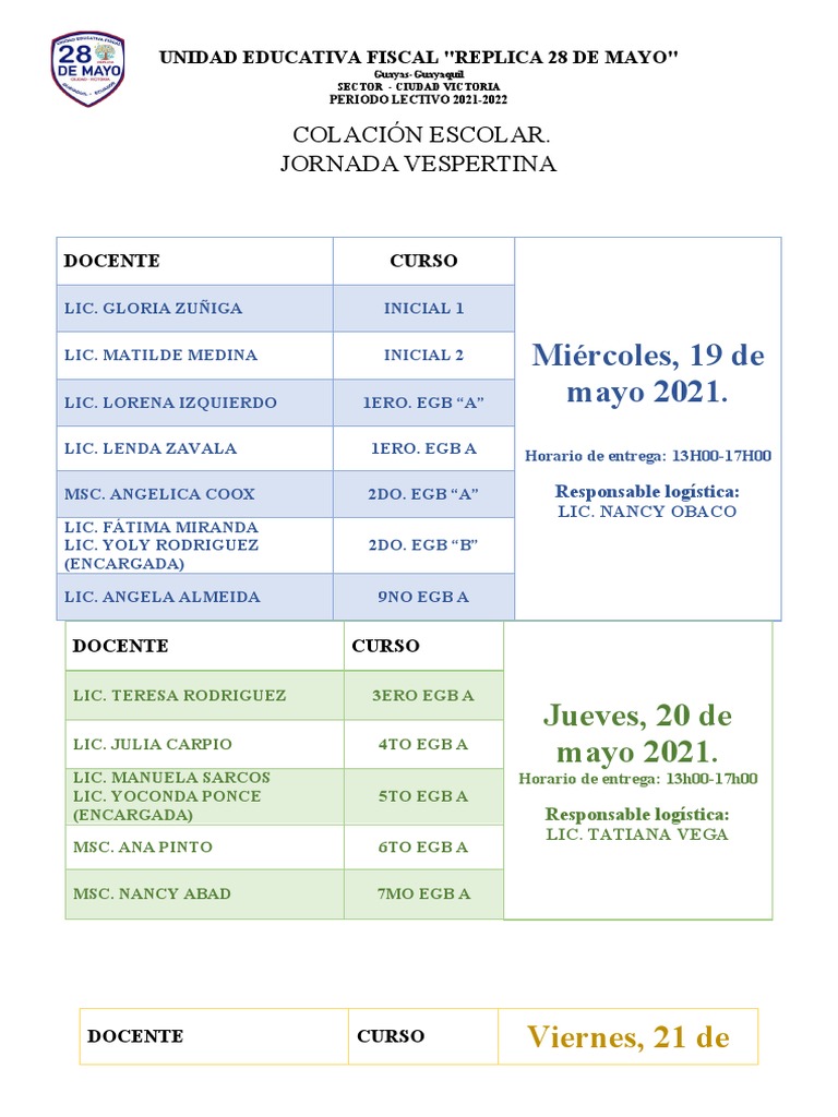 Colacion Vespertina 2021 | PDF