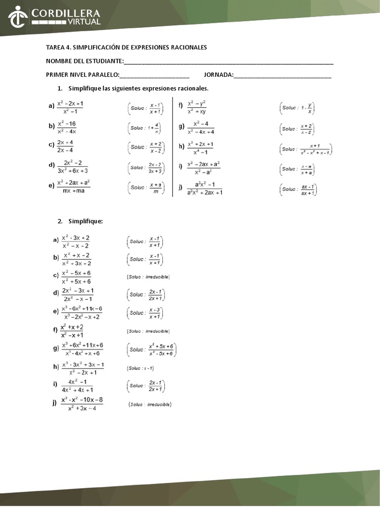 Tarea Simplificacion de Expresiones Racionales | PDF