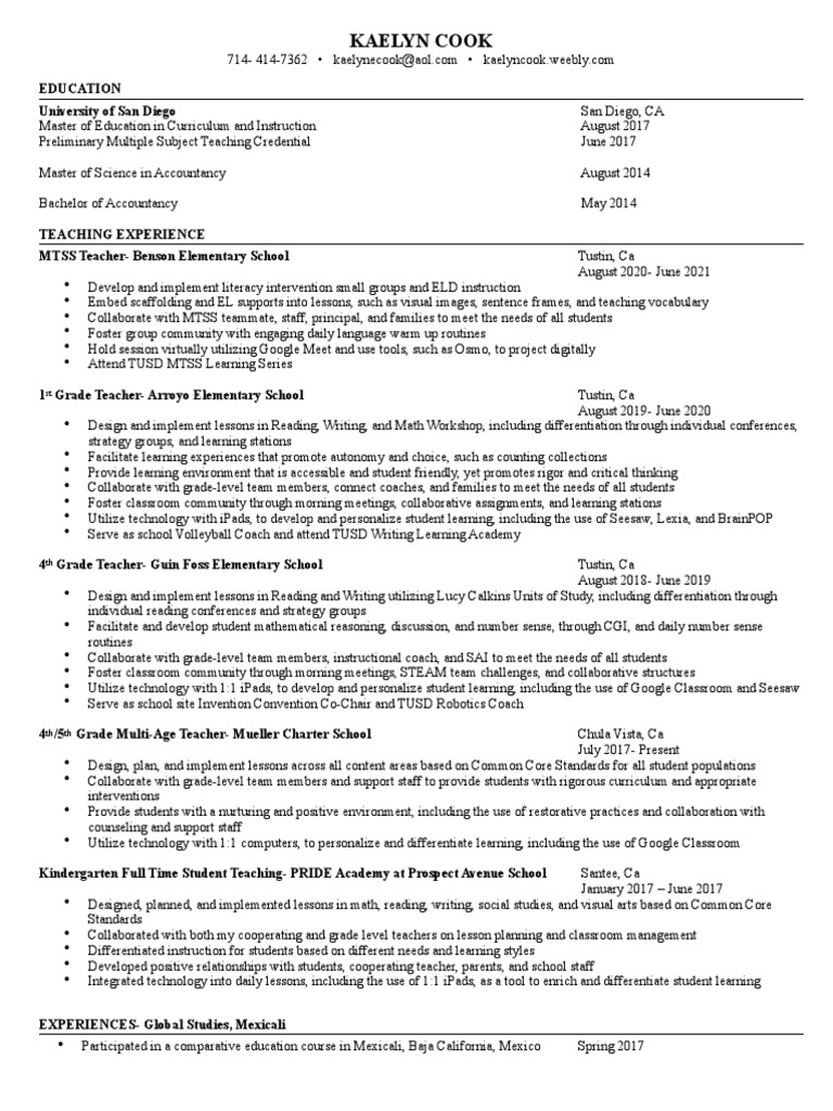 Cook Kaelyn - Resume 2021 | PDF | Classroom | Differentiated Instruction