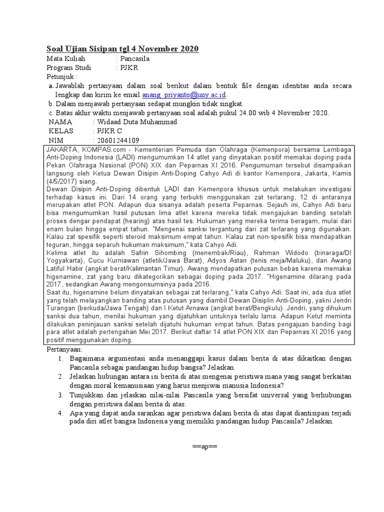 Soal Ujian Sisipan TGL 4 November 2020 (PJKR) | PDF