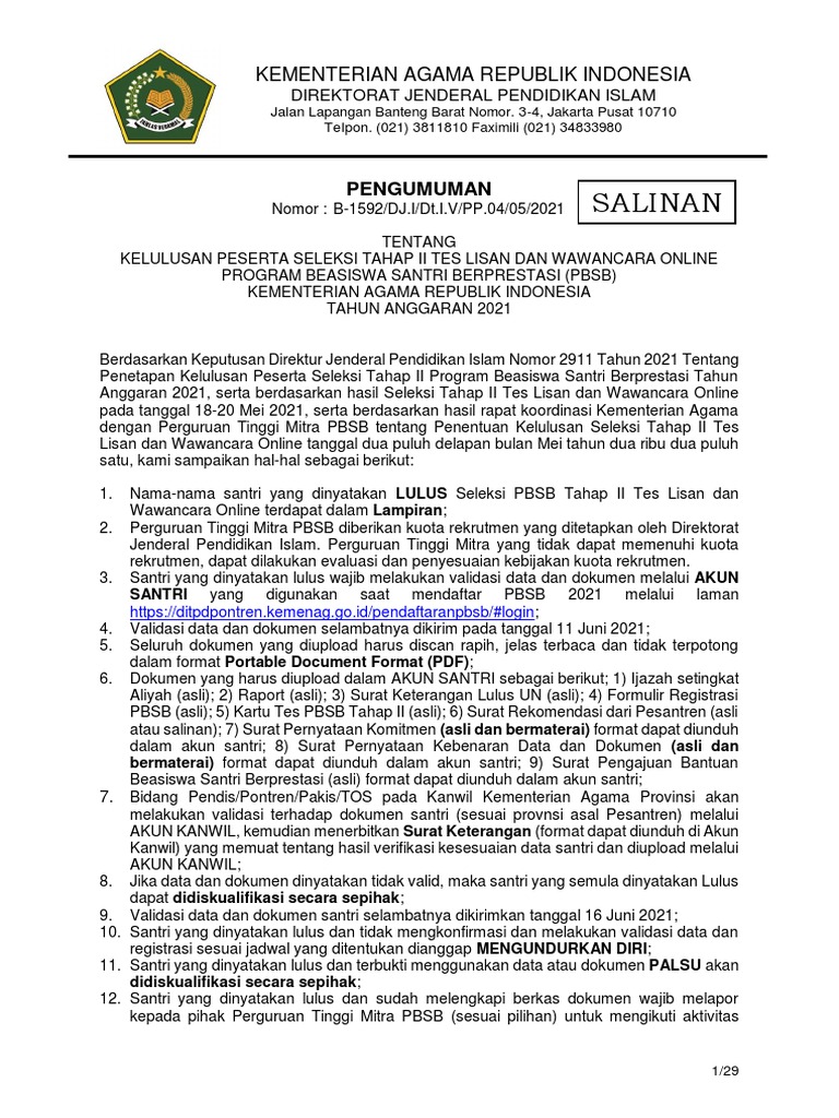 Pengumuman Kelulusan Seleksi PBSB Tahap 2 - Publish | PDF