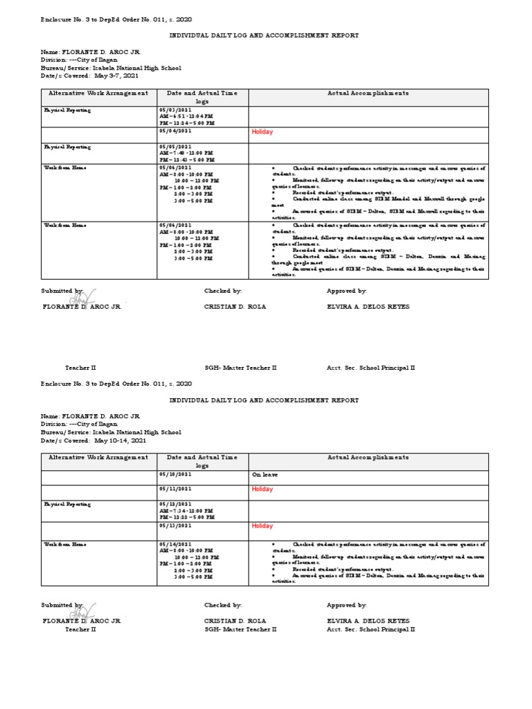 Individual Daily Log and Accomplishment Report: Enclosure No. 3 To ...