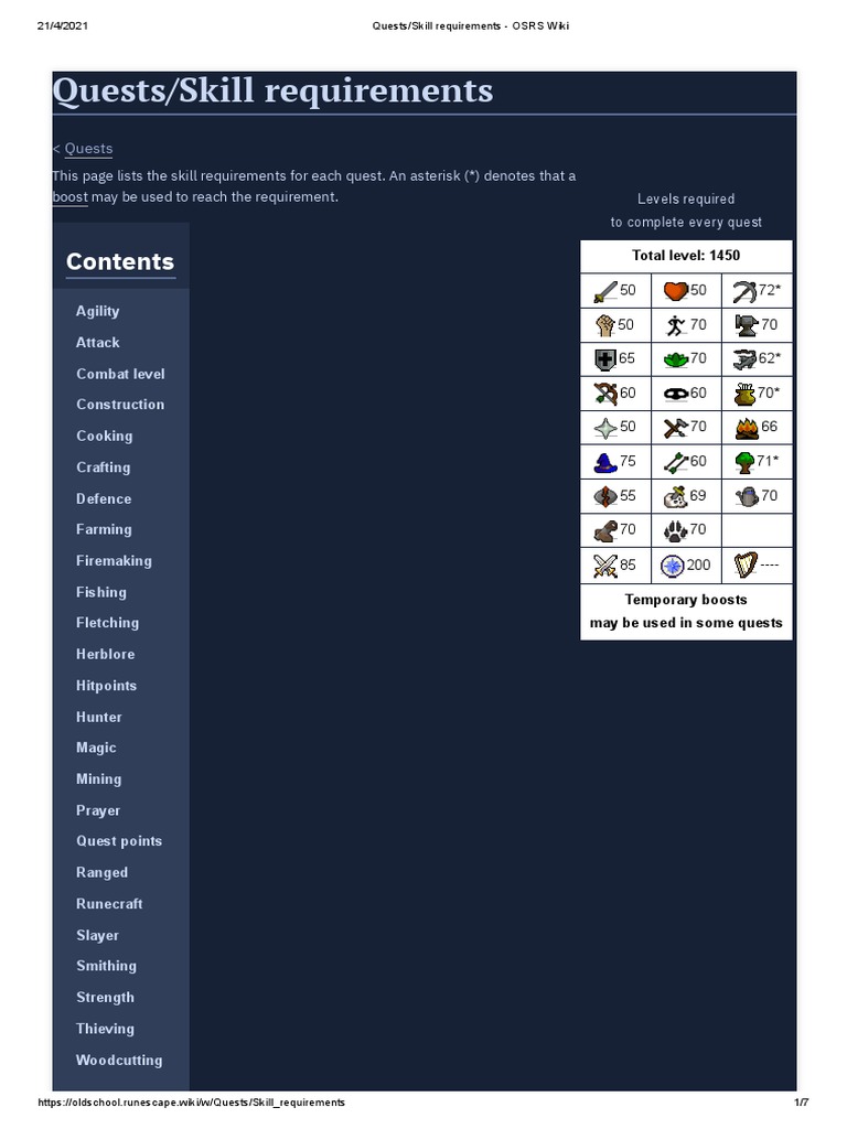 Quests - Skill Requirements - OSRS Wiki | PDF | Quest