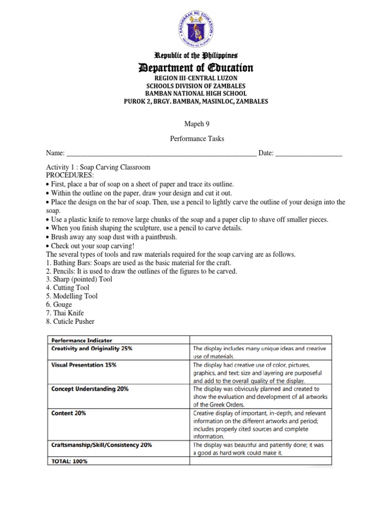 MAPEH Arts Secondary - Quarter 1 - Performance Tasks | PDF