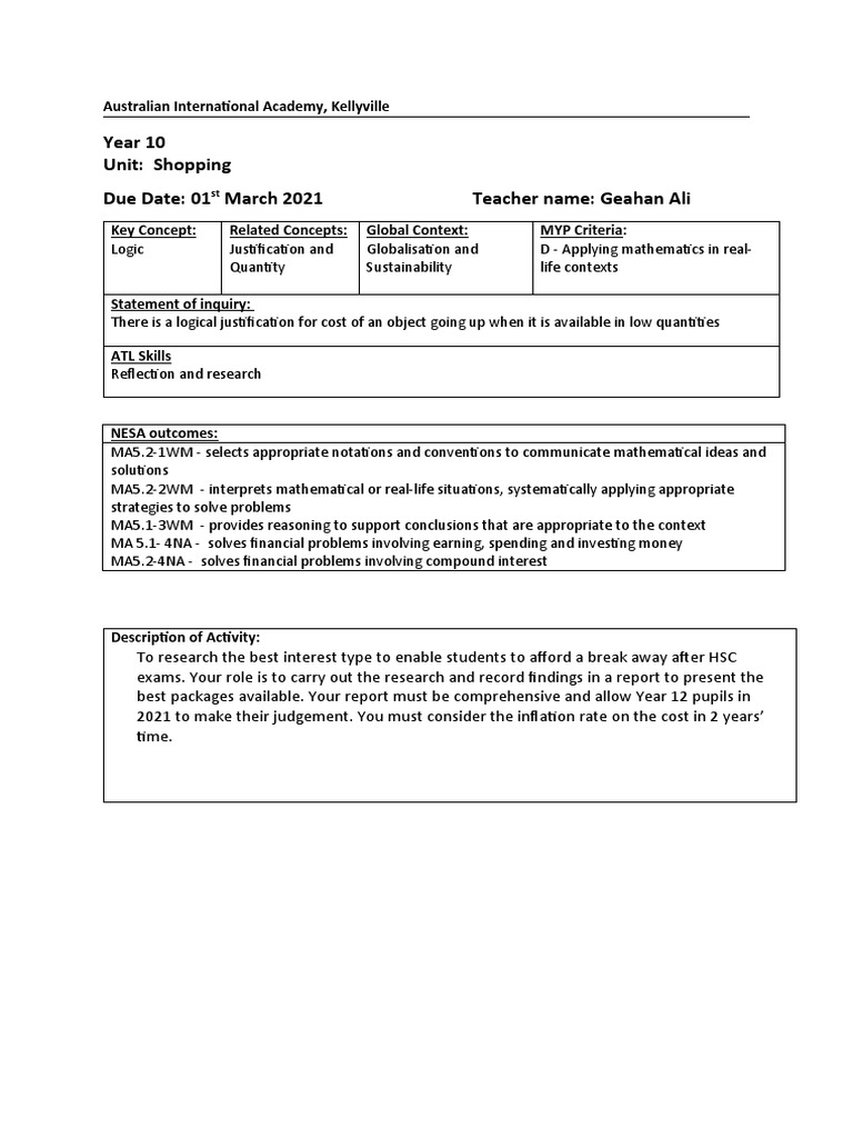 Assessment Task and Rubric - Financial Mathematics New | PDF | Compound ...