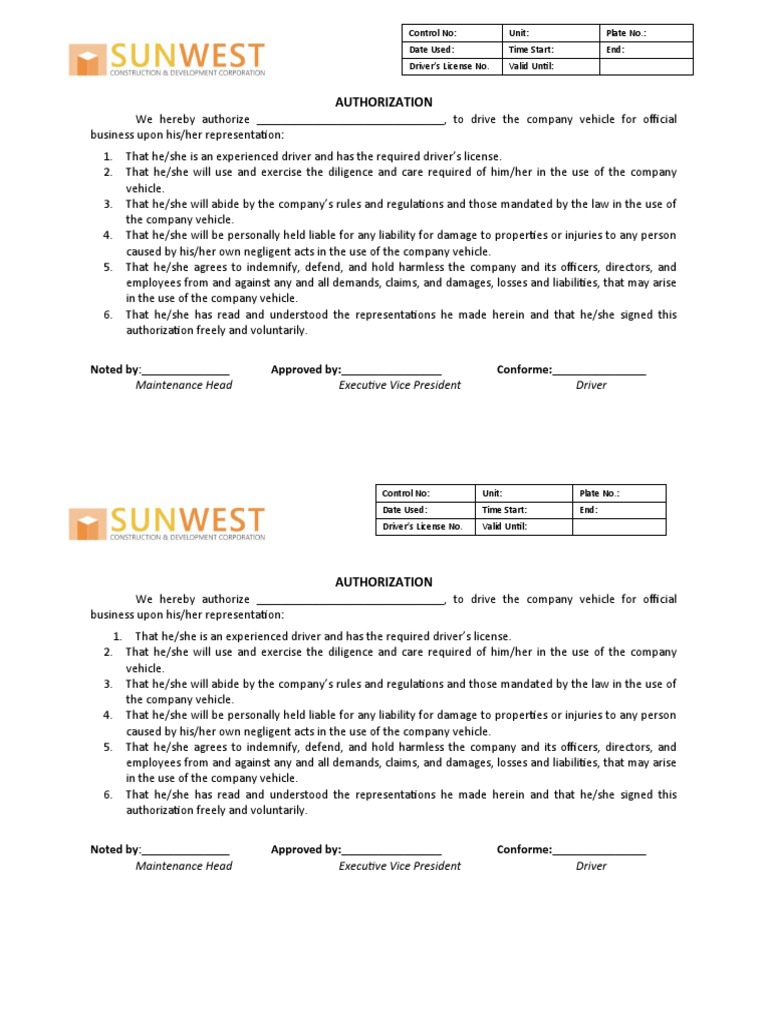 Authorization Form - Driver of Company Vehicle | PDF | Legal Liability ...