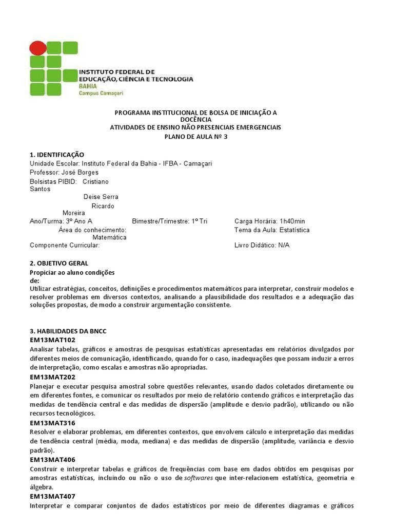 Plano de Aula: Estatística 3º Ano | PDF | Ensino de Matemática ...