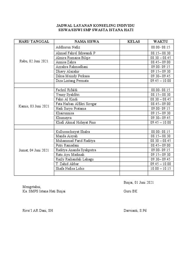Jadwal Layanan Konseling Individu | PDF