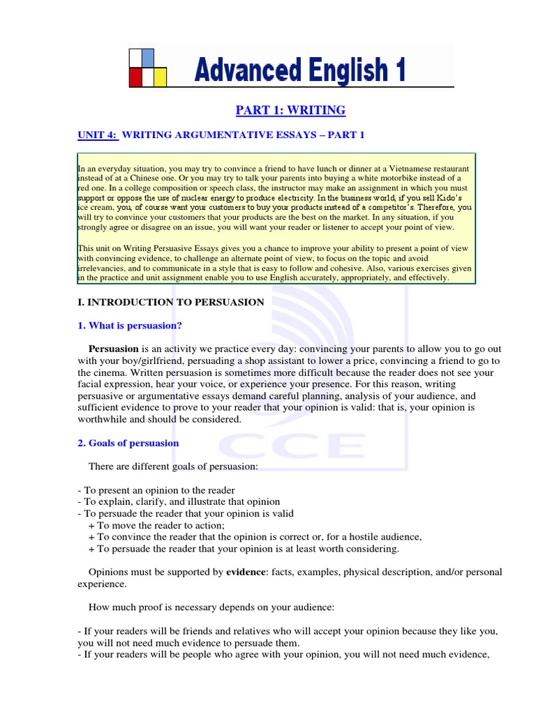 Unit 4: Writing Argumentative Essays - Part 1 | PDF | Persuasion | Argument