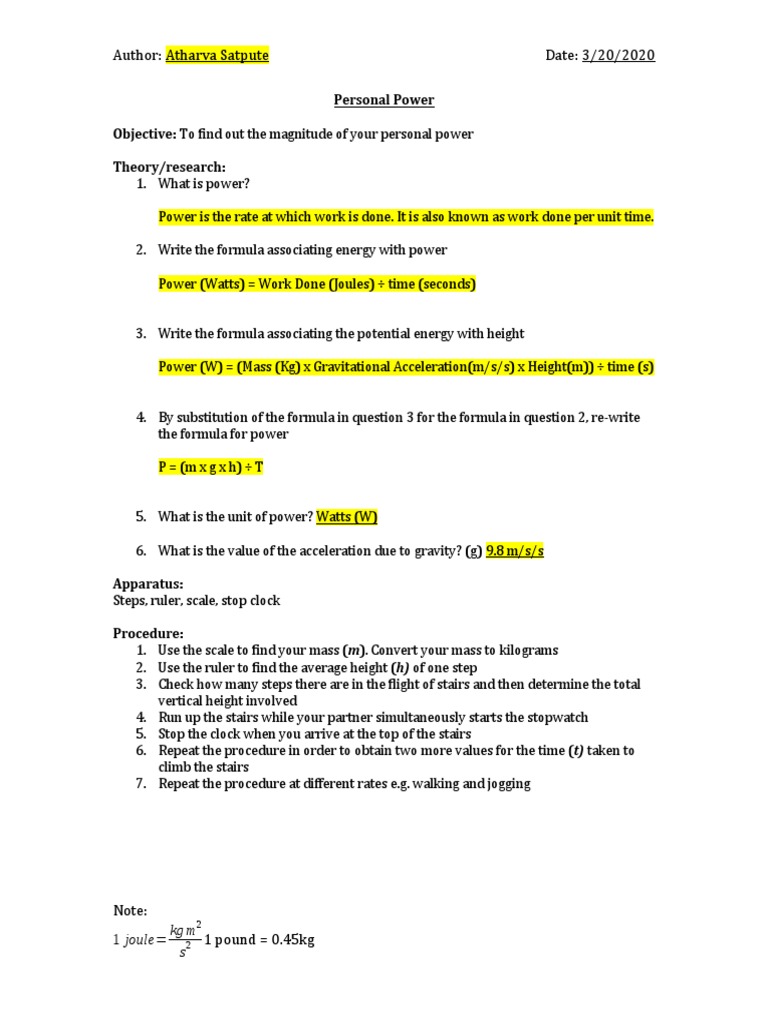 Lesson 3 - Personal Power Lab - Atharva | PDF | Mass | Gravity