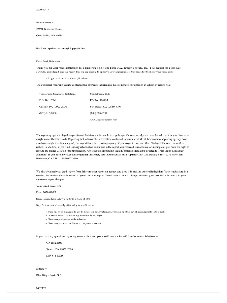 Loan Application Denial Notice | PDF | Credit Score | Credit Bureau