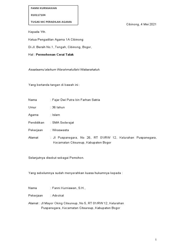 Contoh Permohonan Cerai Talak Alasan Pertengkaran | PDF