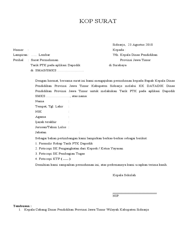 Contoh Surat Permohonan Tarik PTK Di Dapodik | PDF
