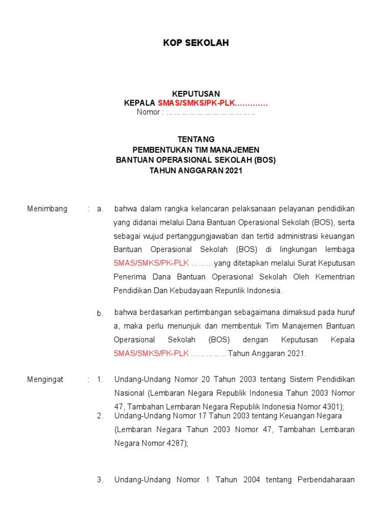 Contoh SK Tim Manajemen Bos 2021 | PDF