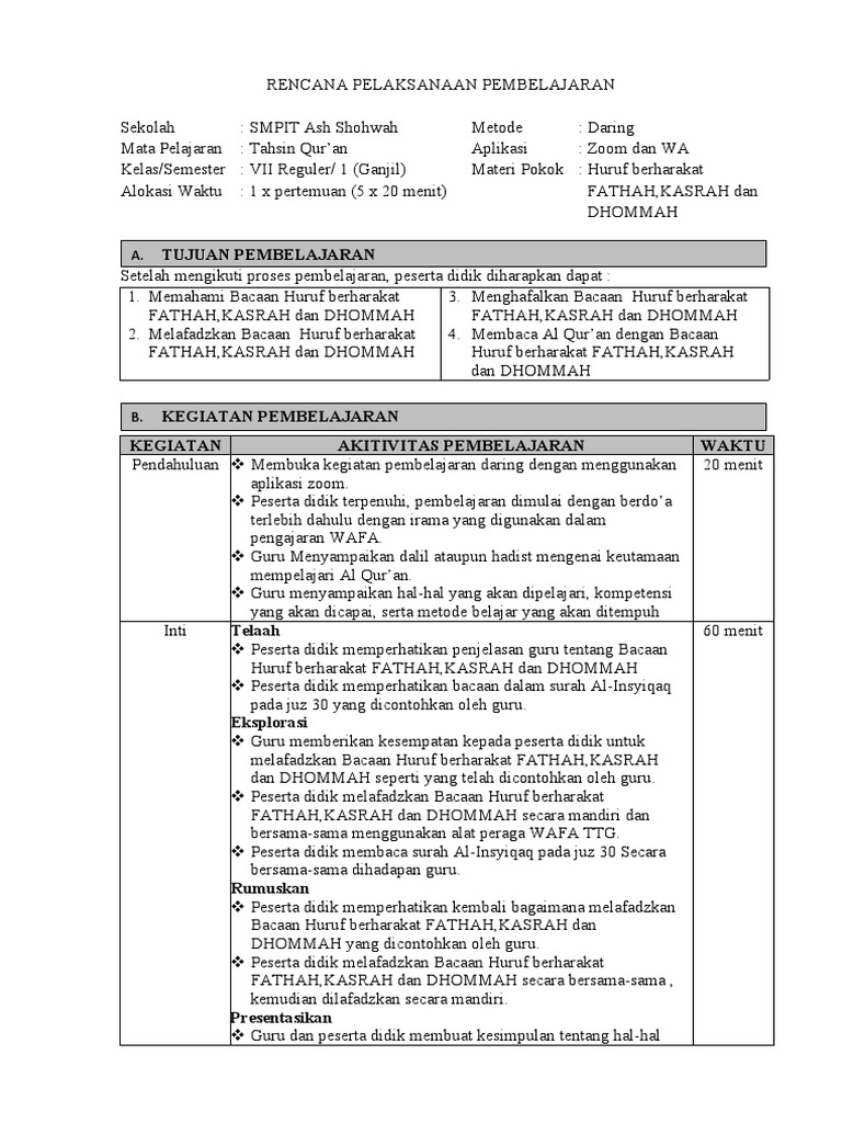 RPP Tahsin Terbaru 7 P1 | PDF
