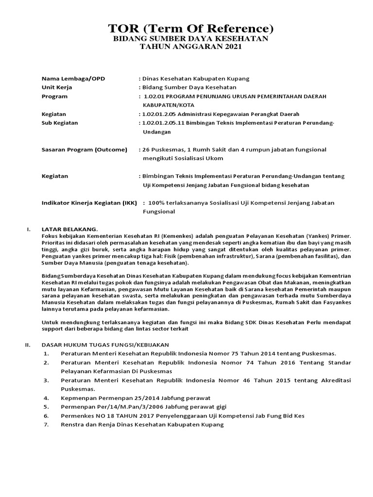 3 Tor 2021 Bidang SDK Bimbingan Teknis Implementasi Peraturan Perundang-Undangan | PDF | Bisnis