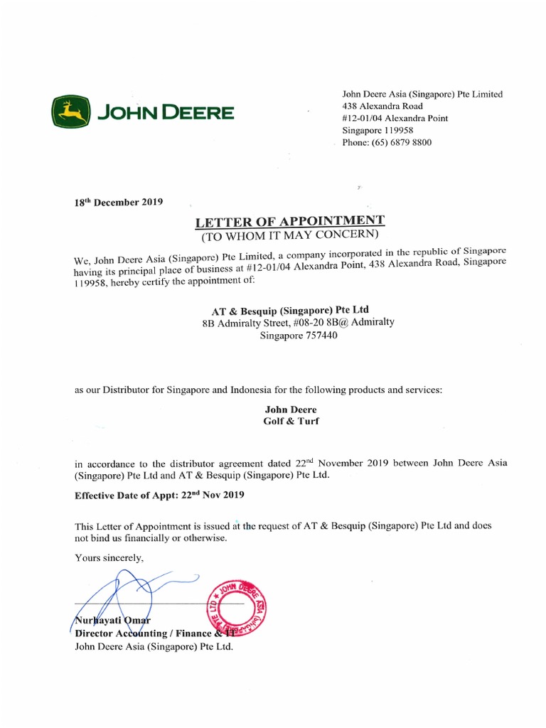 John Deere Letter of Appointment - ATNB 121819signed | PDF