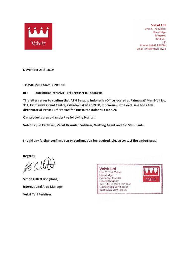 Velvit - Sole Distributor Letter | PDF