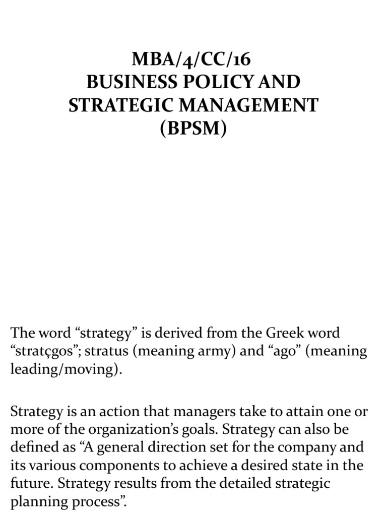 MBA/4/CC/16 Business Policy and Strategic Management (BPSM) | PDF | Strategic Management | Goal