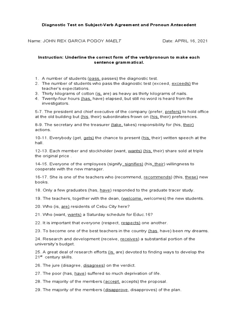 Diagnostic Test On Subject-Verb Agreement and Pronoun Antecedent | PDF