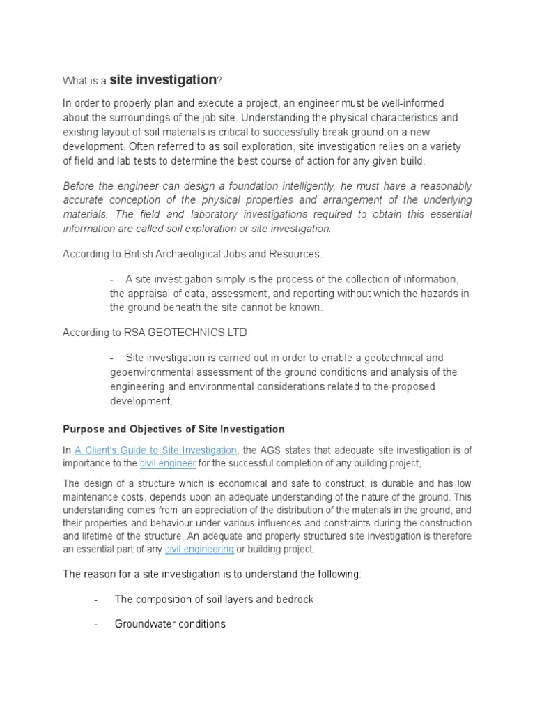 Purpose and Objectives of Site Investigation | PDF | Geotechnical ...