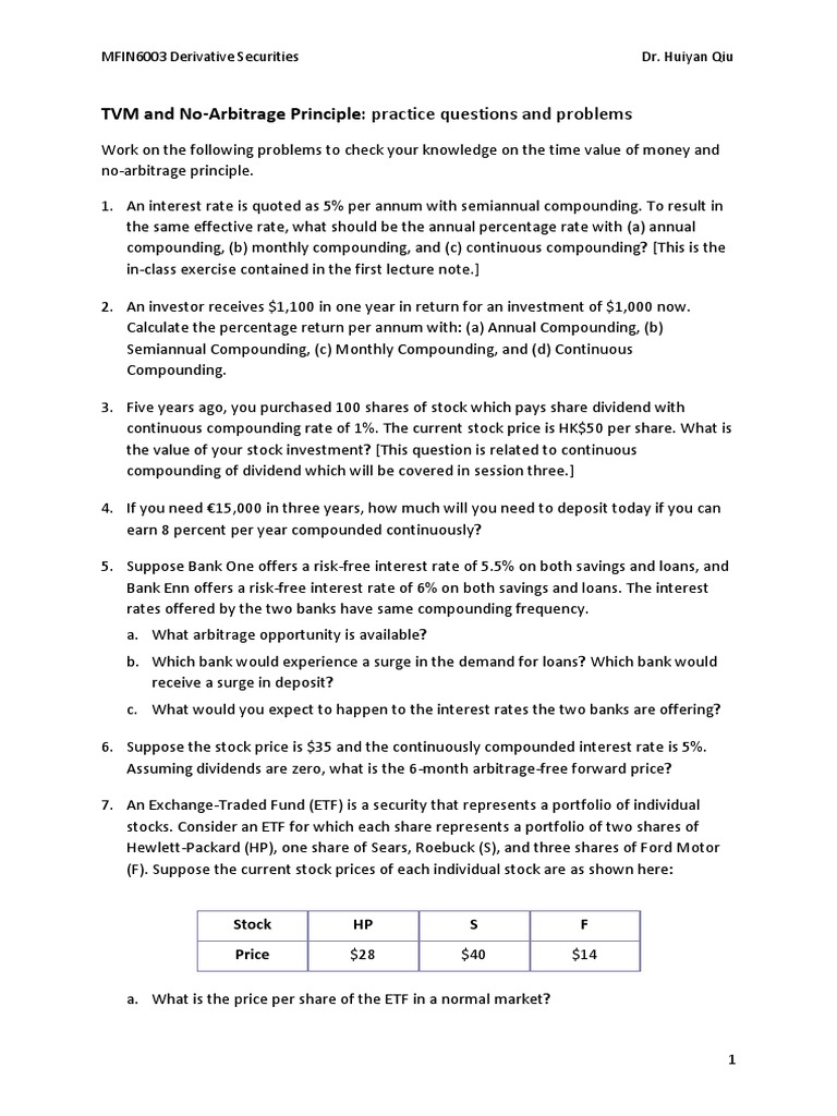 TVM and No-Arbitrage Principle: Practice Questions and Problems | PDF ...