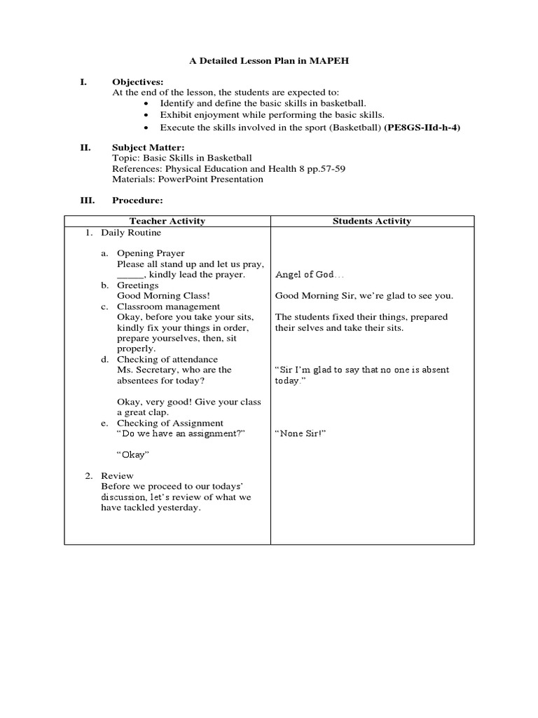 A Detailed Lesson Plan in MAPEH I. Objectives | PDF | Ball Games | Sports