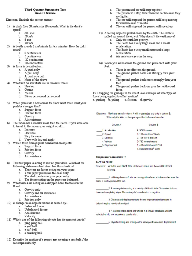 7 Science 3rd Quarter Summative Test | PDF | Friction | Force