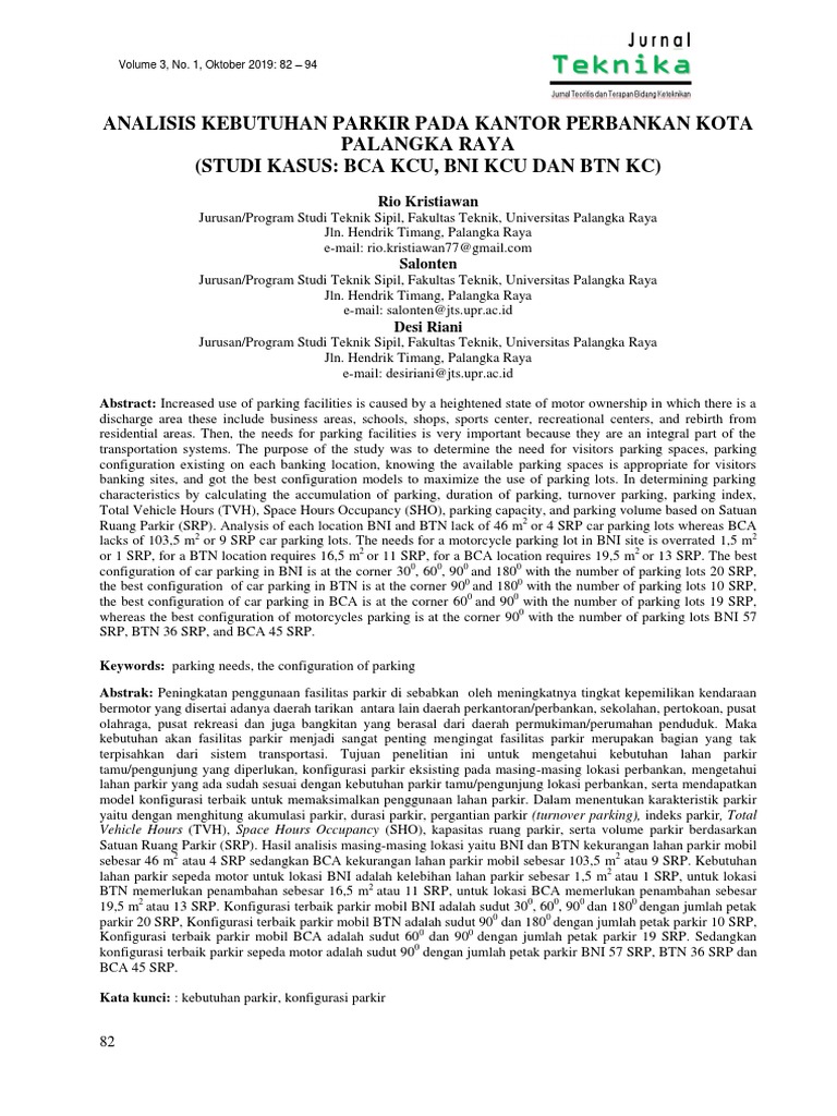 Analisis Kebutuhan Parkir Pada Kantor Perbankan Kota Palangka Raya (Studi Kasus: Bca Kcu, Bni ...