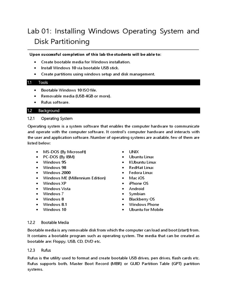 Lab 01: Installing Windows Operating System and Disk Partitioning | PDF | Booting | Operating System