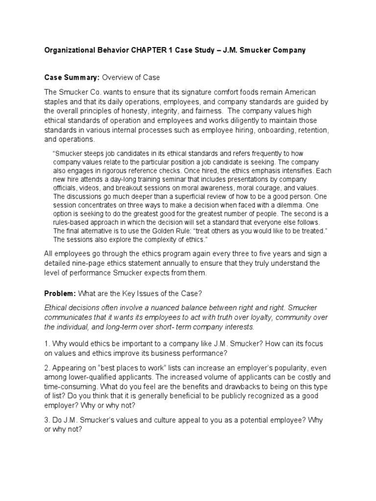 Organizational Behavior CHAPTER 1 Case Study-Smuckers | PDF | Business ...