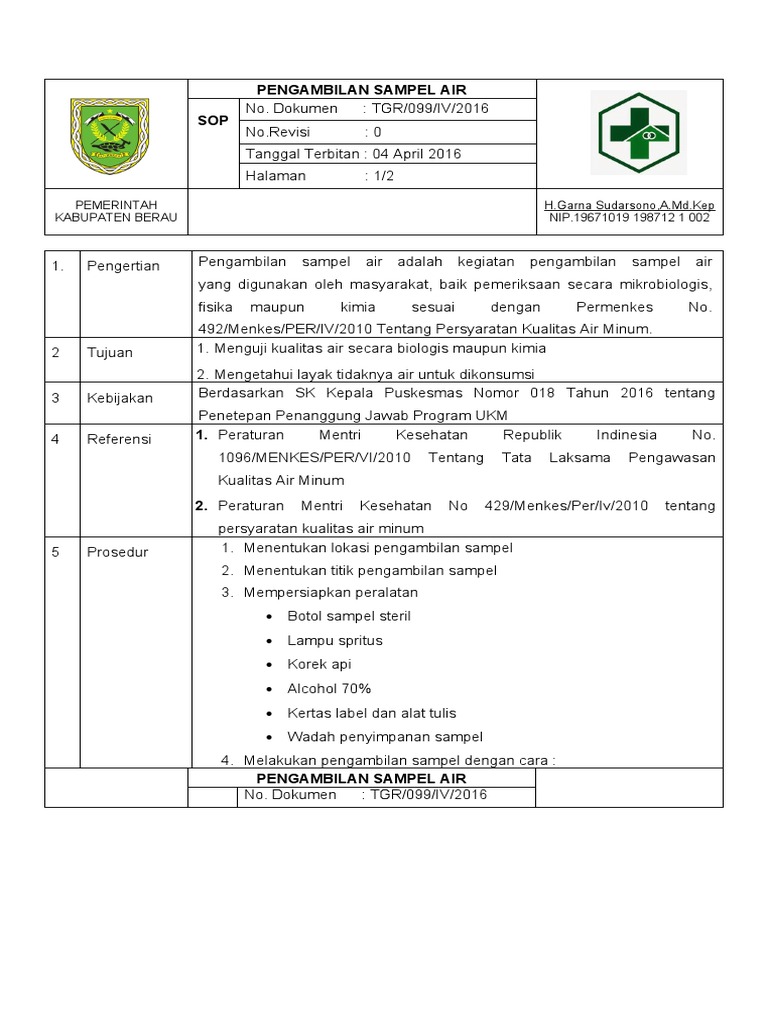 Sop Pengambilan Sampel Air | PDF