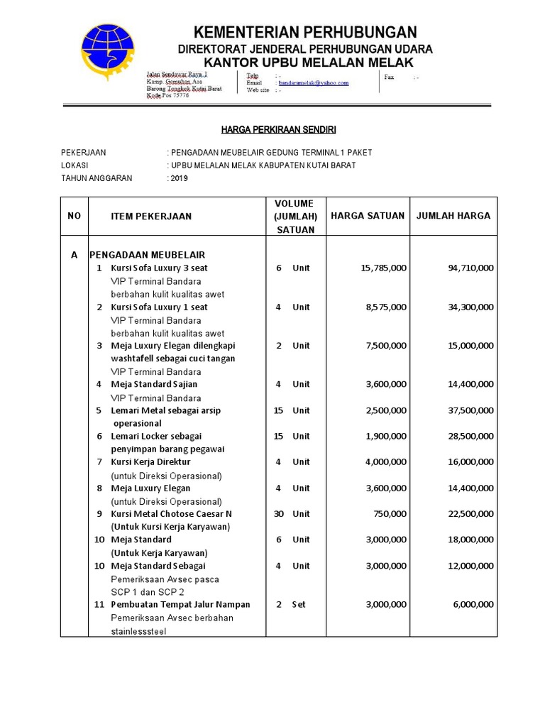 Harga Perkiraan Sendiri Meubelair 2019 | PDF