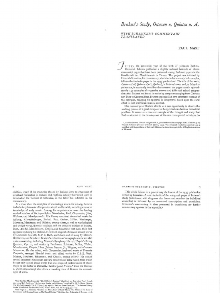 Brahms' Study, Oktaven Und Quinten - With Schenker's Commentary Translated (Mast) | PDF