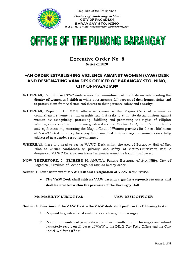 Executive Order On VAW DESK | PDF | Violence | Violence Against Women