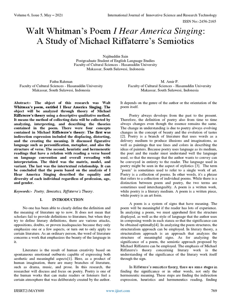 Walt Whitman's Poem I Hear America Singing A Study of Michael ...