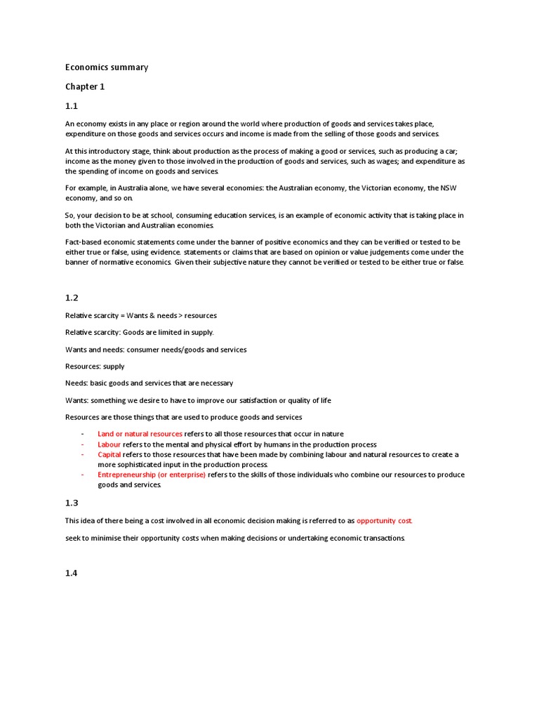 Economics Summary 1.1: Land or Natural Resources - Labour - Capital ...