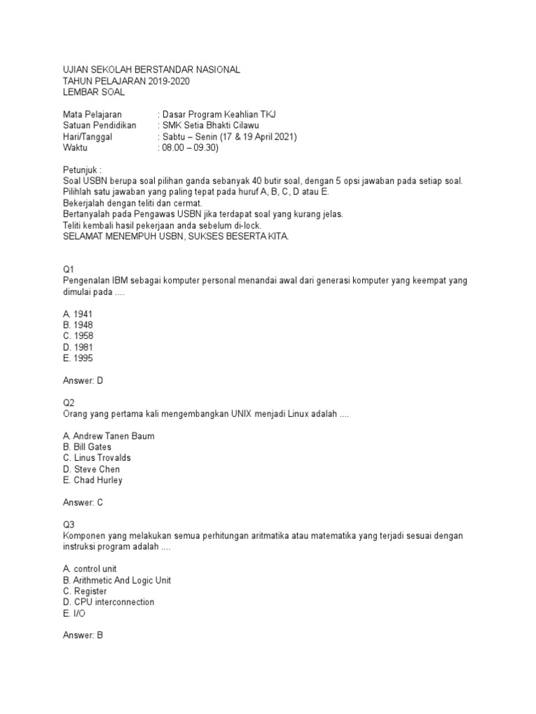 Soal US SMK TKJ DASAR PROGRAM KEAHLIAN - Formatted | PDF