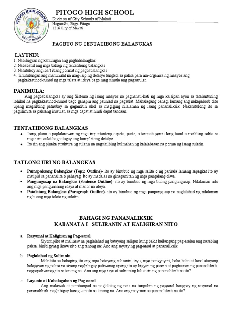 Pagsulat NG Tentatibong Balangkas (Modyul2 Group 2) ' | PDF