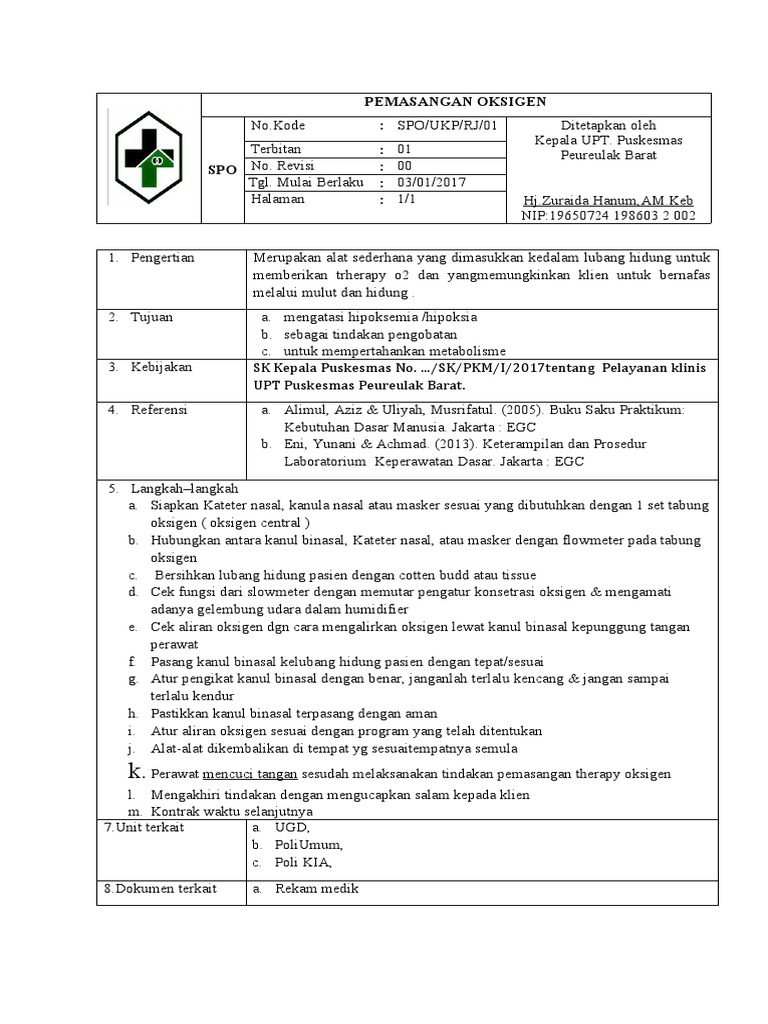 Sop Pemasangan Oksigen O2 | PDF