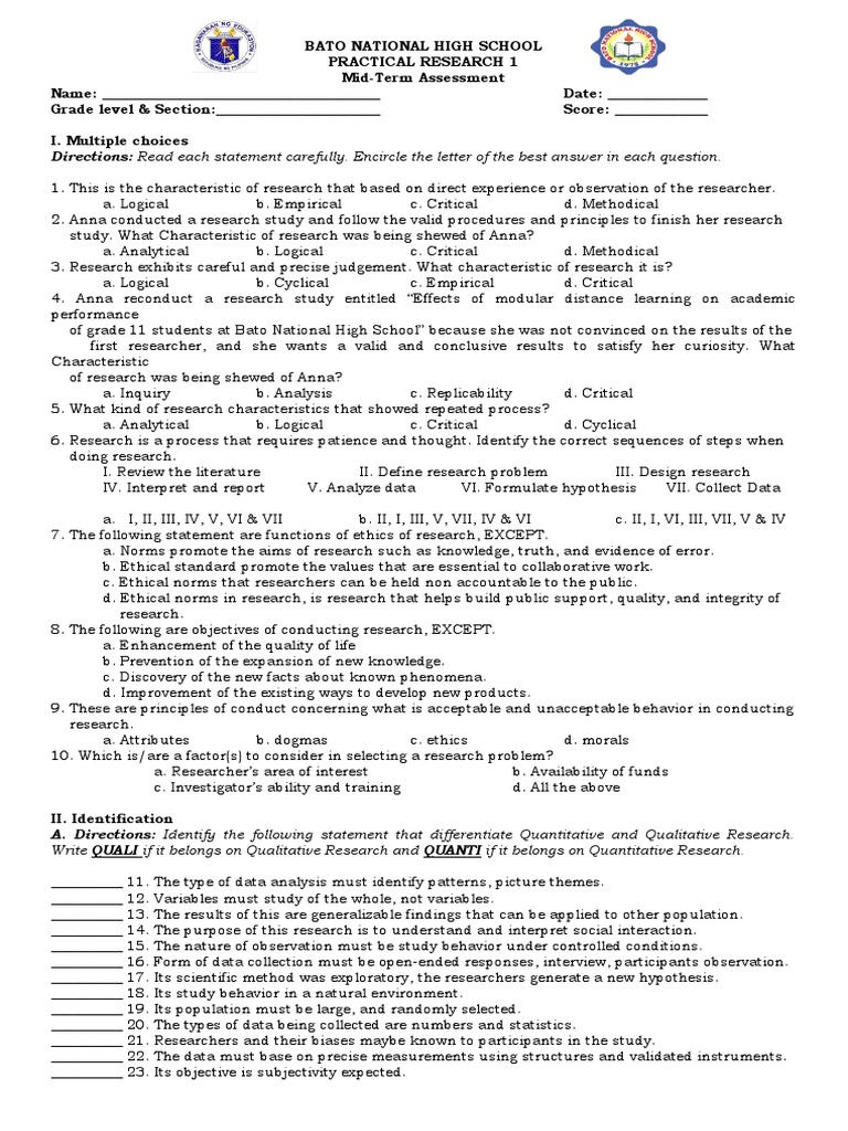 PR1 3rd Quarter Assessment | PDF | Qualitative Research | Statistics