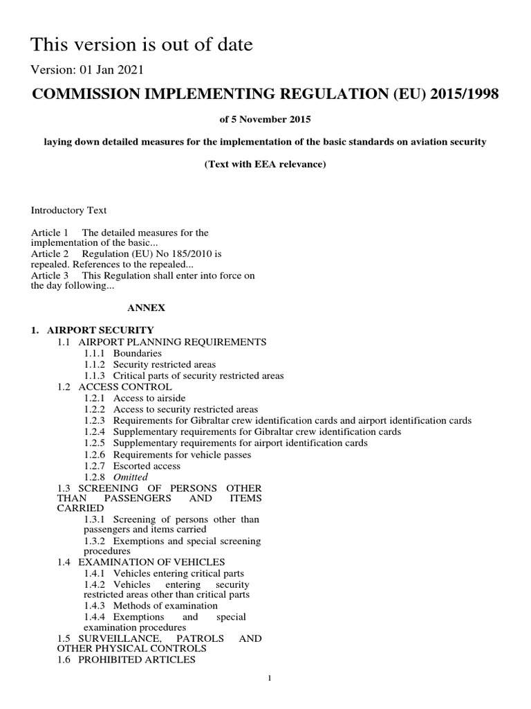 EU Regulation 2015/1998 on Aviation Security | PDF | Airport Security ...