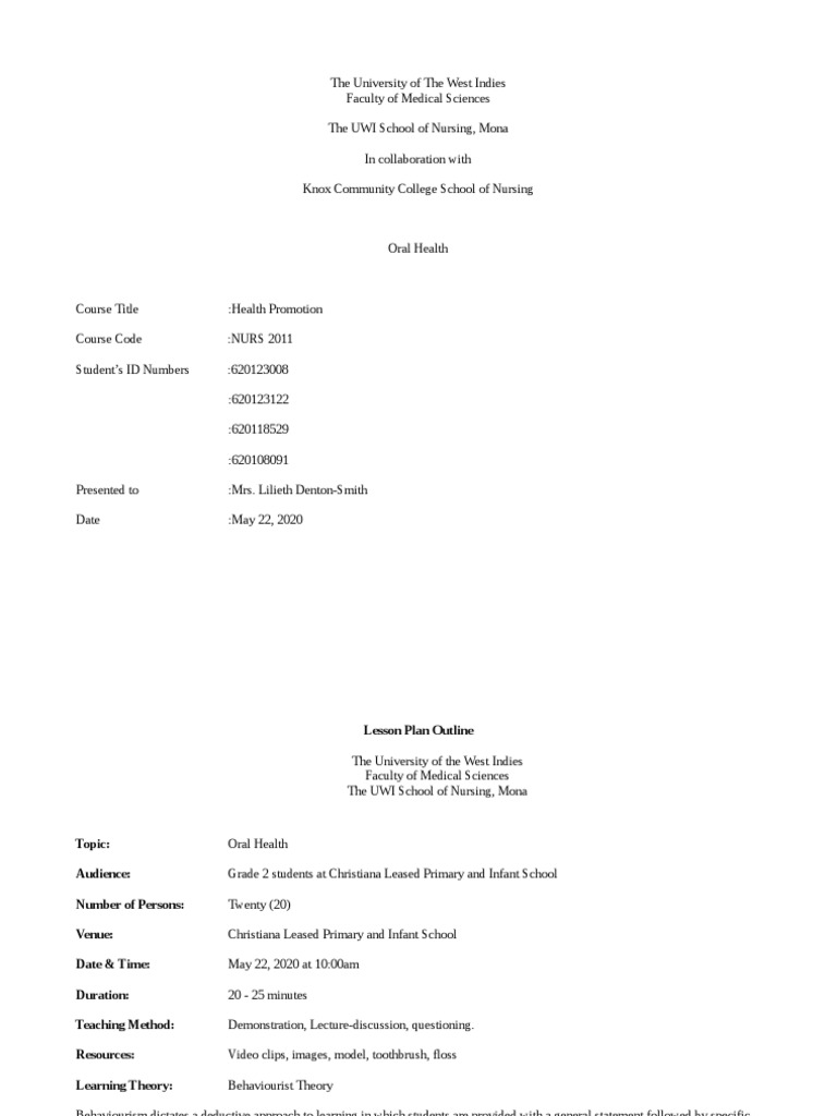 Lesson Plan - Oral Health | PDF | Toothbrush | Oral Hygiene