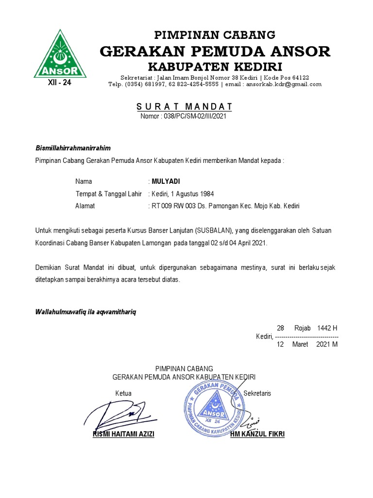 SURAT MANDAT SUSBALAN Ansor Kediri | PDF