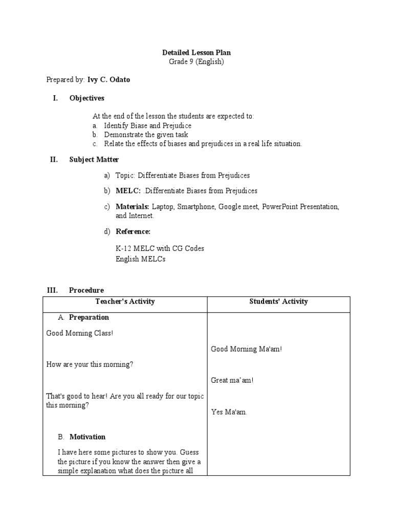 Detailed Lesson Plan | PDF | Prejudices | Bias