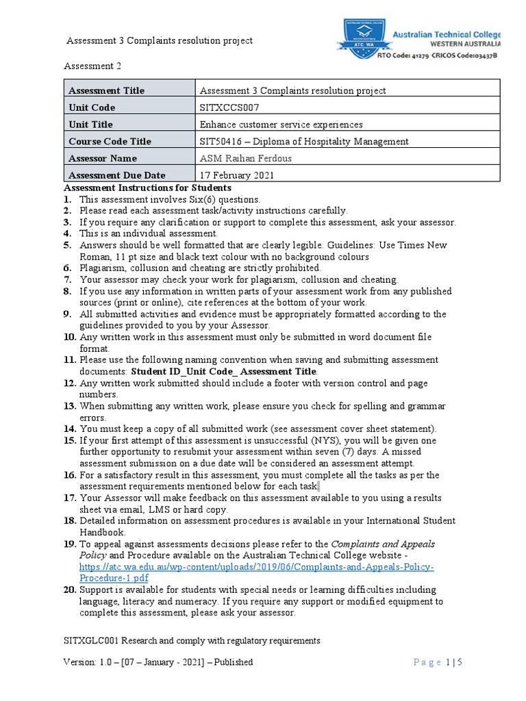5.assessment 3 Complaints Resolution Project | PDF | Complaint | Plagiarism