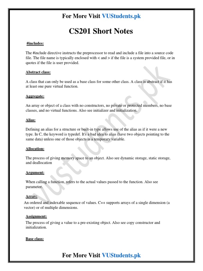 CS201 Short Notes: For More Visit | PDF | C++ | Subroutine