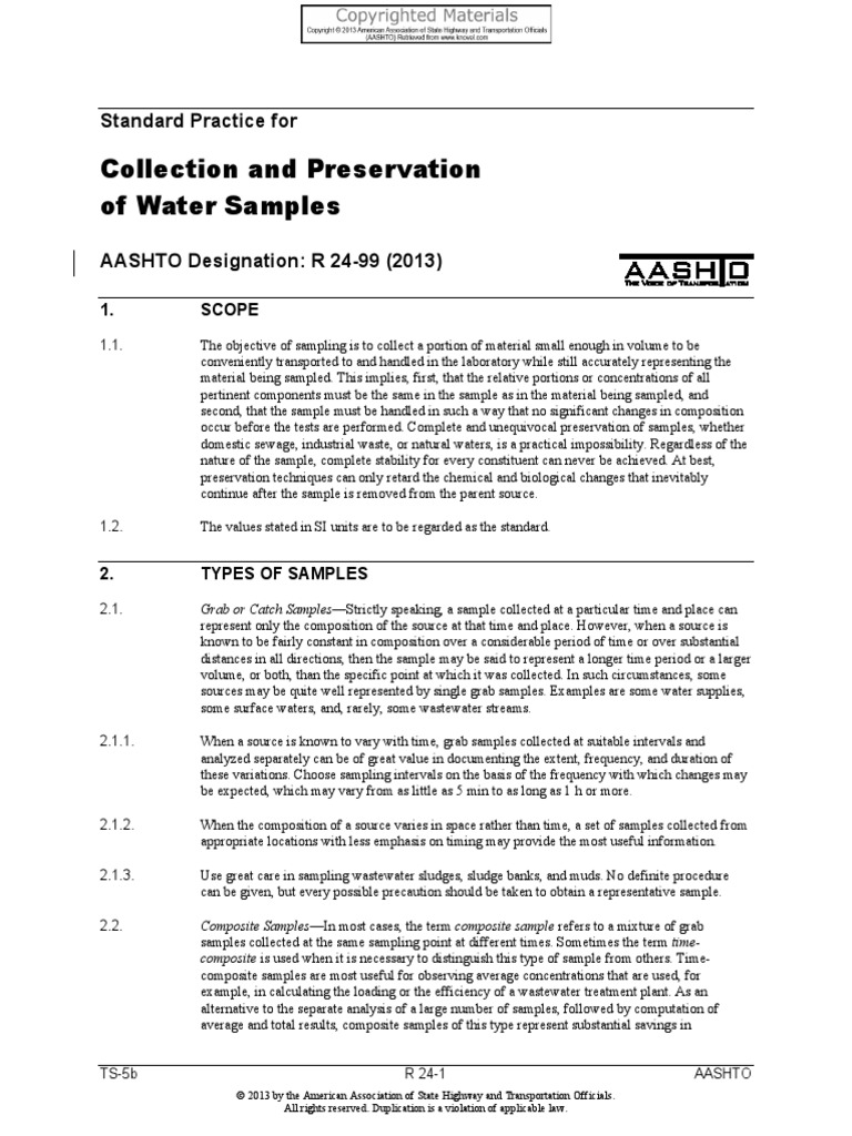 Collection and Preservation of Water Samples: Standard Practice For ...