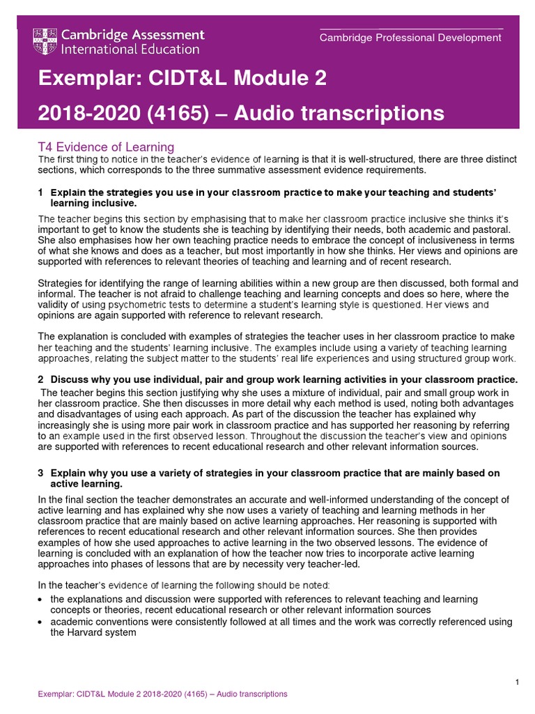 Transcript Exemplar T&L M2 Evidence of Learning | PDF | Teachers ...