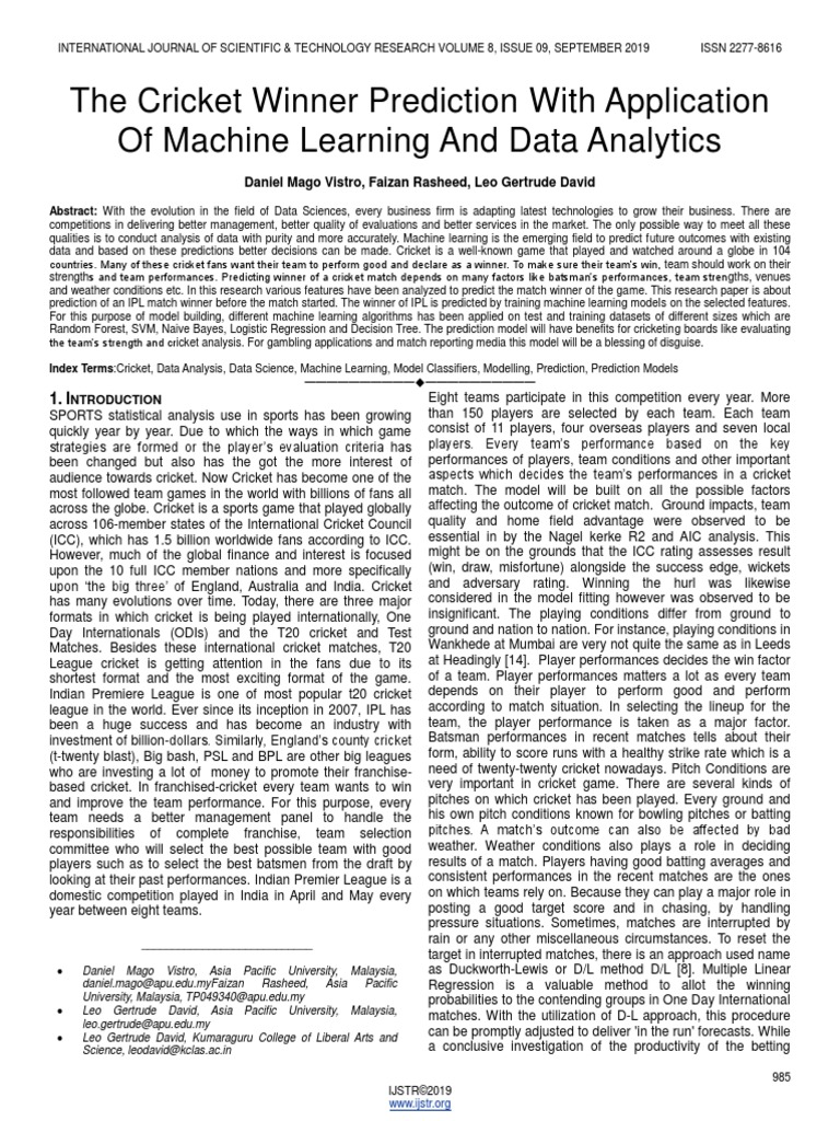 The Cricket Winner Prediction With Application Of Machine Learning And Data Analytics Pdf